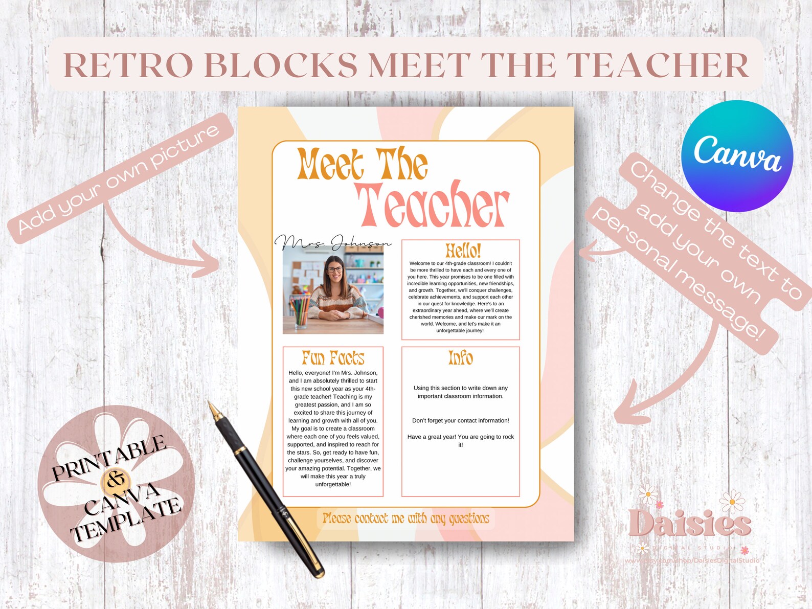 Editable Meet the Teacher | Canva Template | Teacher Printable | Groovy ...
