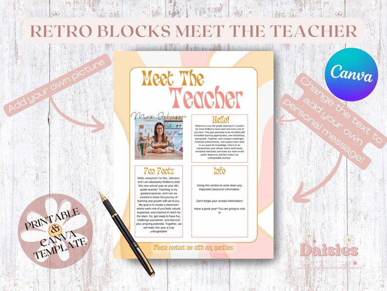 Editable Meet the Teacher | Canva Template | Teacher Printable | Groovy ...
