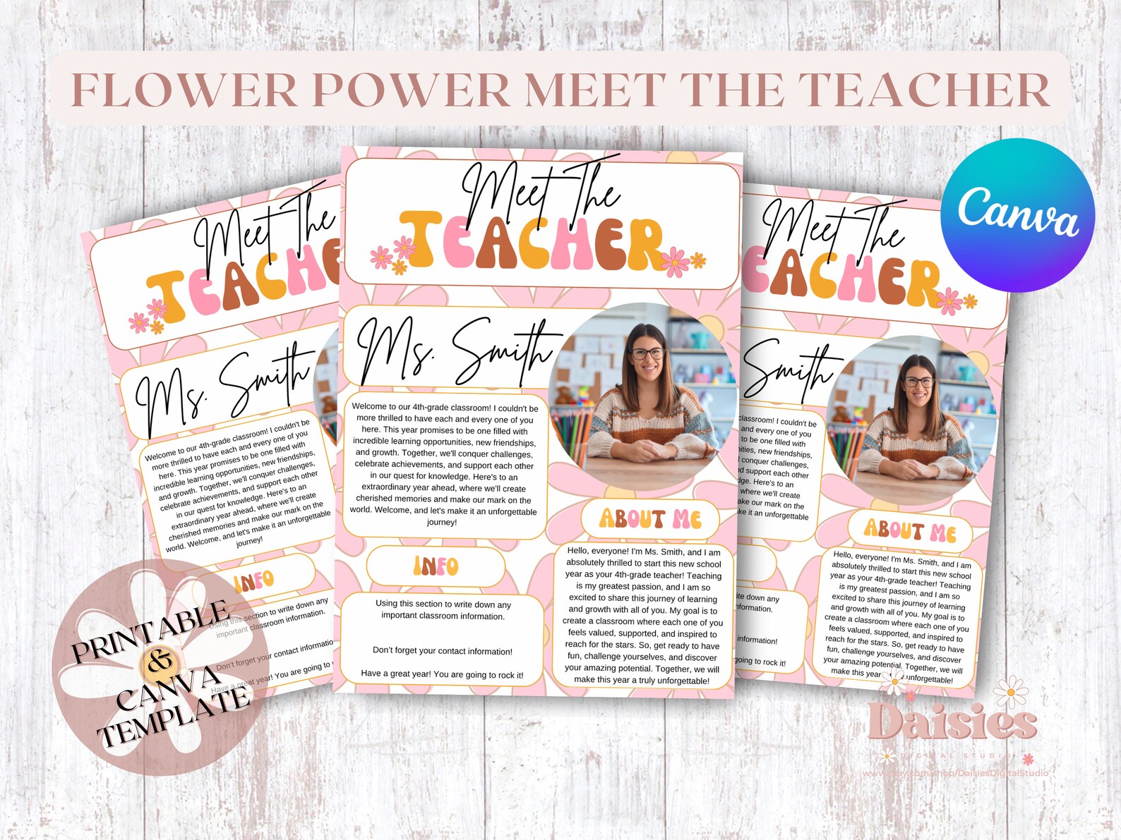 Editable Meet the Teacher | Canva Template | Teacher Printable | Flower ...