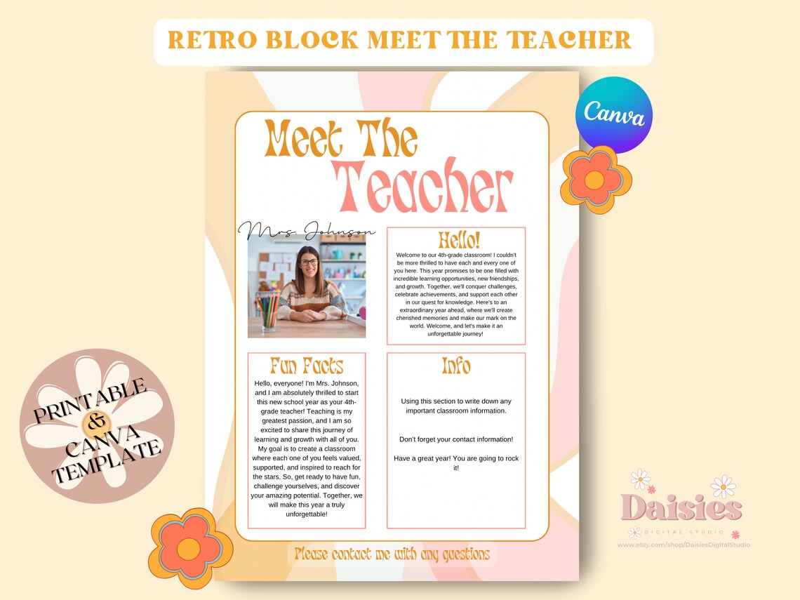 Editable Meet the Teacher | Canva Template | Teacher Printable | Groovy ...