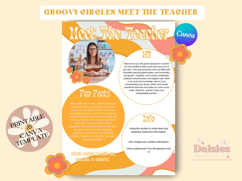 Editable Meet the Teacher | Canva Template | Teacher Printable | Groovy ...