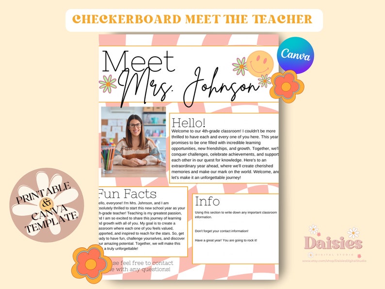 Editable Meet the Teacher | Canva Template | Teacher Printable | Groovy ...