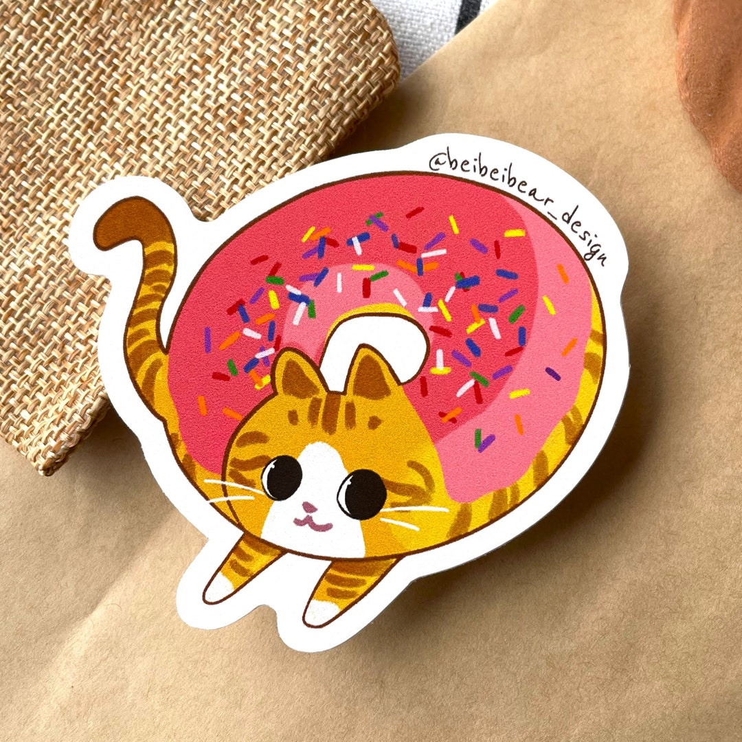 Donut Cat Sticker, Orange Tabby Cat, Cute Cat Sticker, Pink Donut ...
