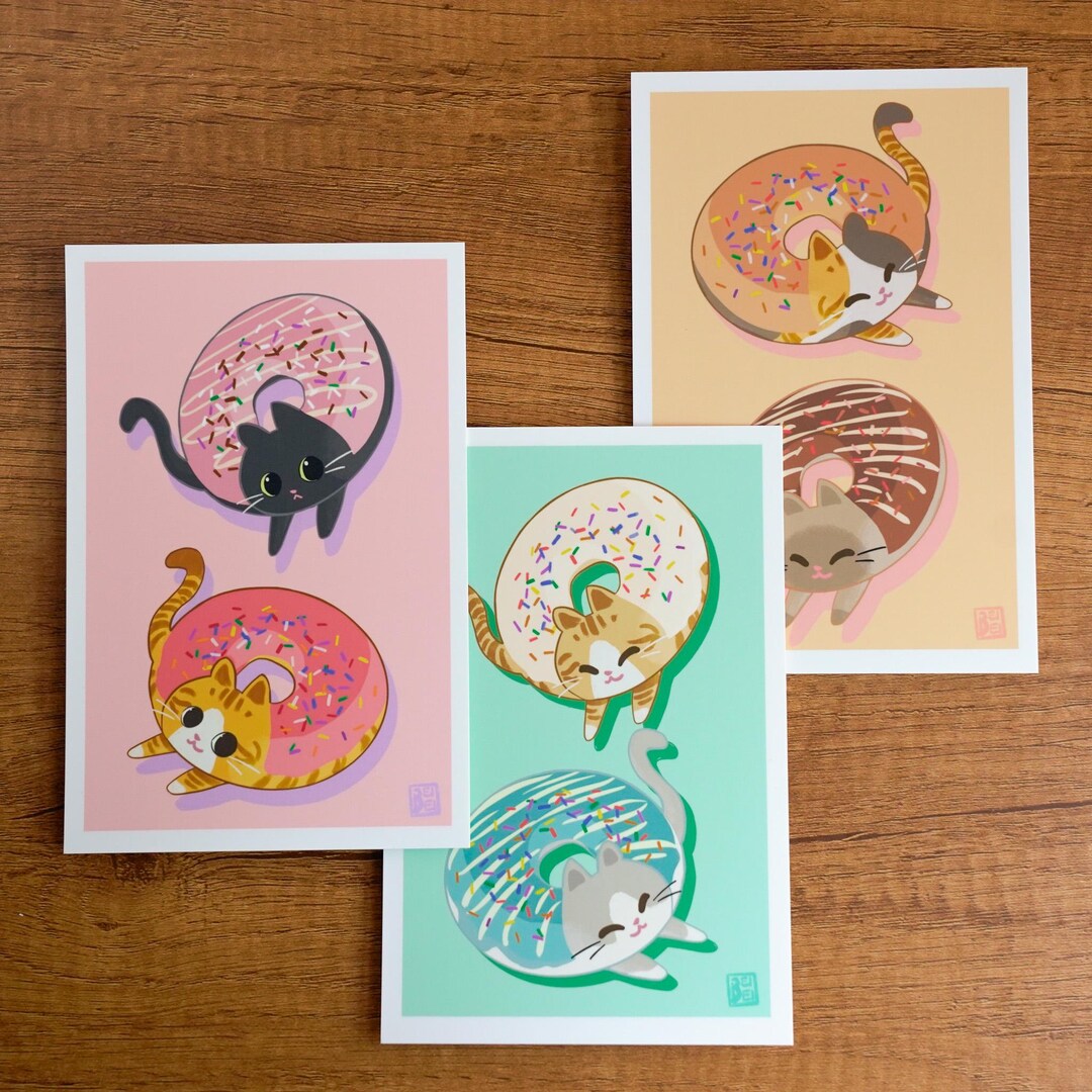 Donut Cat Postcard - Adorable Cat Donut Mini Art Print - Etsy