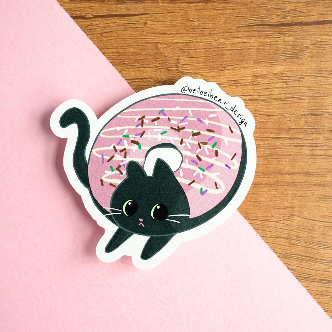 Donut Cat Sticker, Funny Black Cat, Kawaii Gift - Etsy