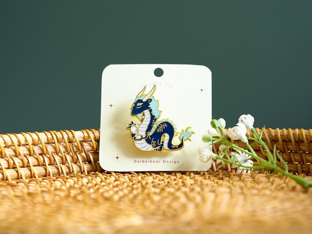 Blue Dragon Enamel Pin, Dragon Drinking Tea Brooch, Peachful Dragon Pin ...