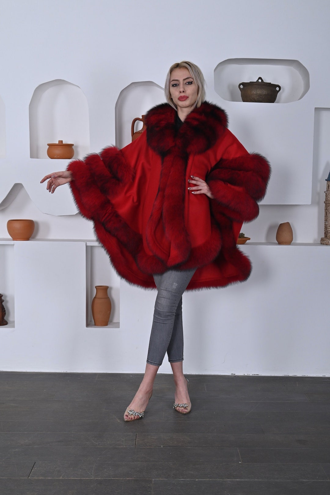 Red Cashmere Cape: Women's Winter Cape With Fox Fur Trim - Etsy