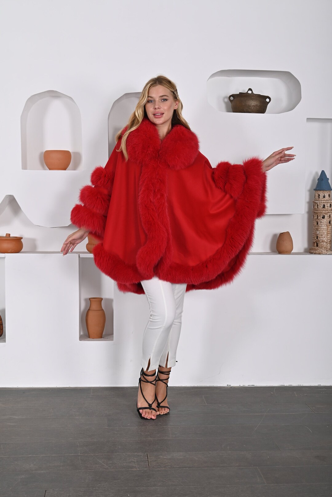 Cashmere Cape With Fox Fur Trim, Red Cape, Womens Poncho, Cape With ...