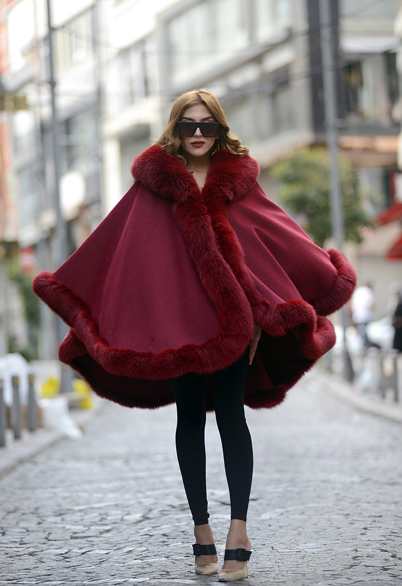 Burgundy Cashmere Cape With Fox Fur Trim Cozy and Elegant Cashmere Cap ...