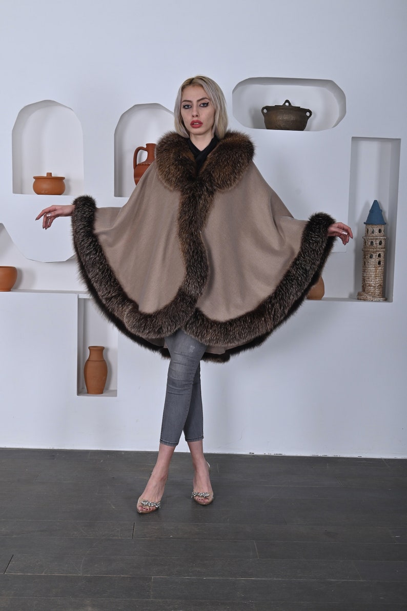 Brown Cashmere Cape With Fox Fur Trim, Winter Cape, Real Fur Cape, Fur ...
