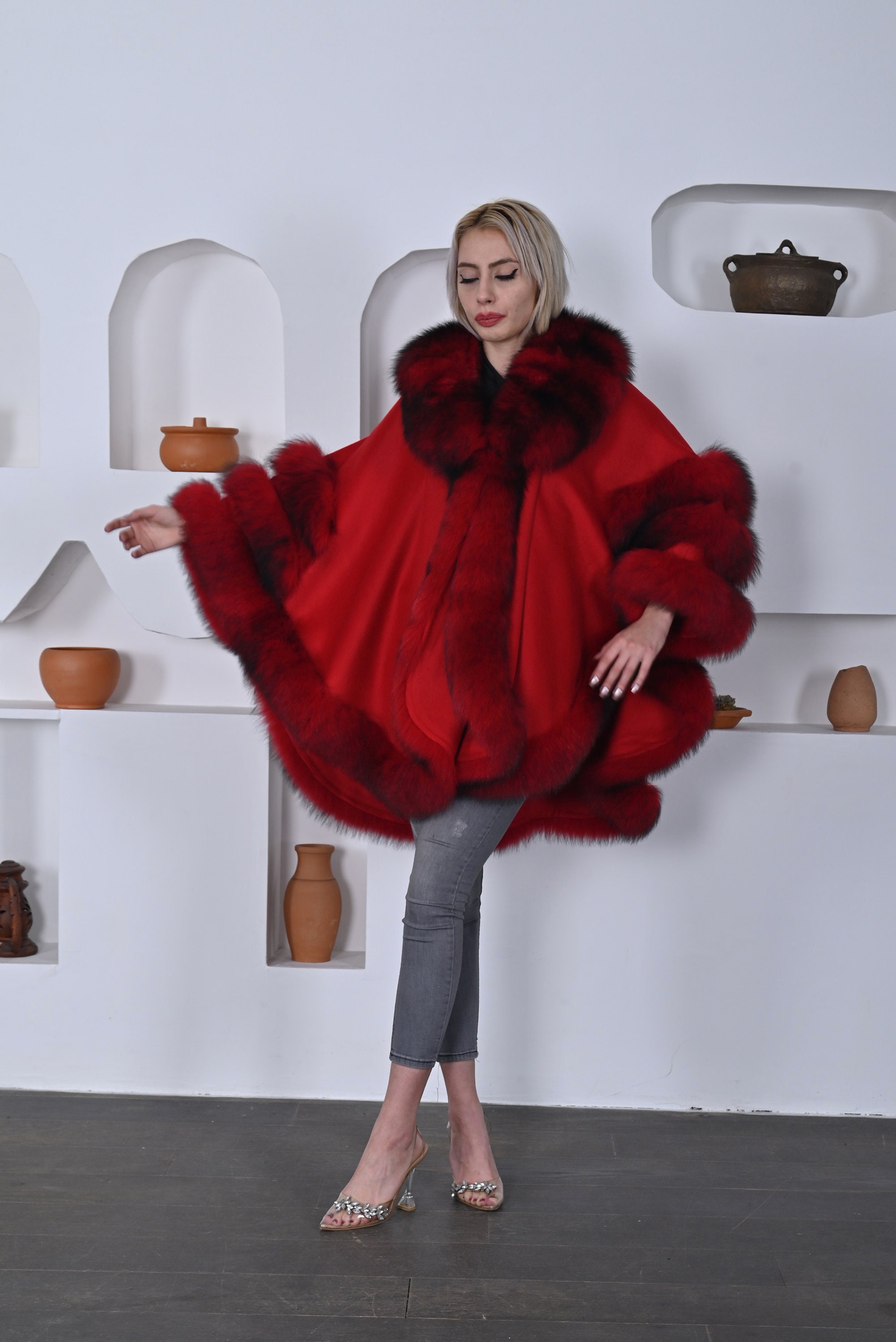 Luxurious Red Cashmere Cape With Fox Fur Trim, Women Cape Winter Cape ...