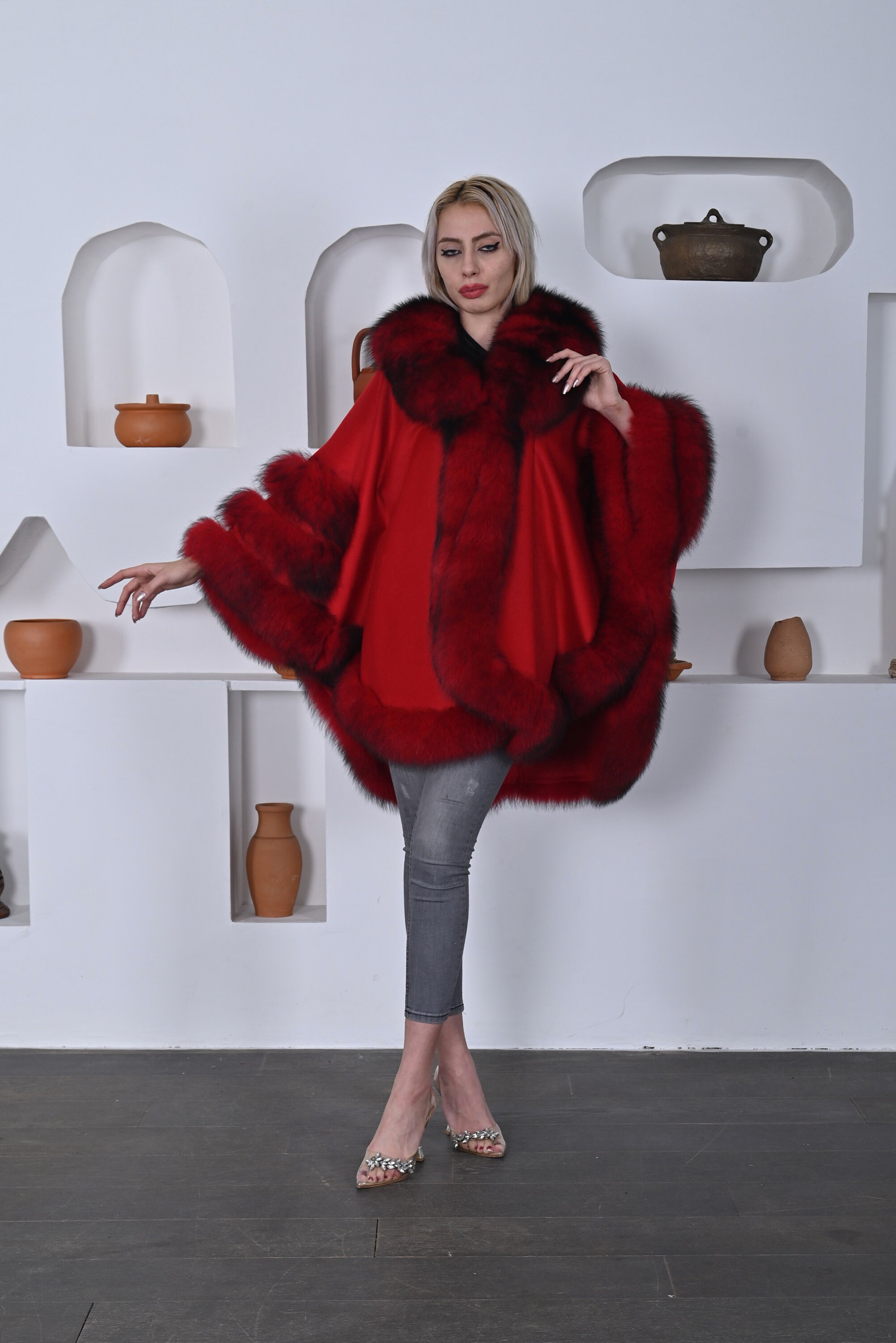 Red Cashmere Cape: Women's Winter Cape With Fox Fur Trim - Etsy