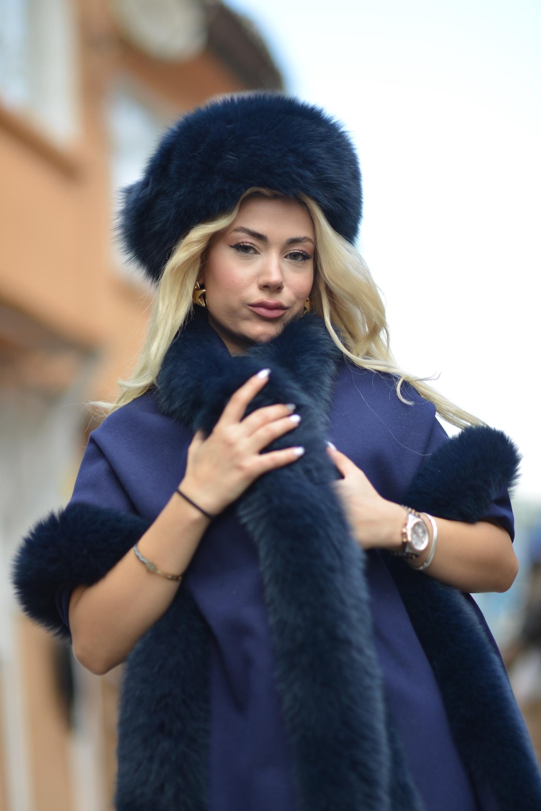 Navy Blue Women's Fox Fur Hat - Luxury Winter Headwear, Warm & Stylish ...