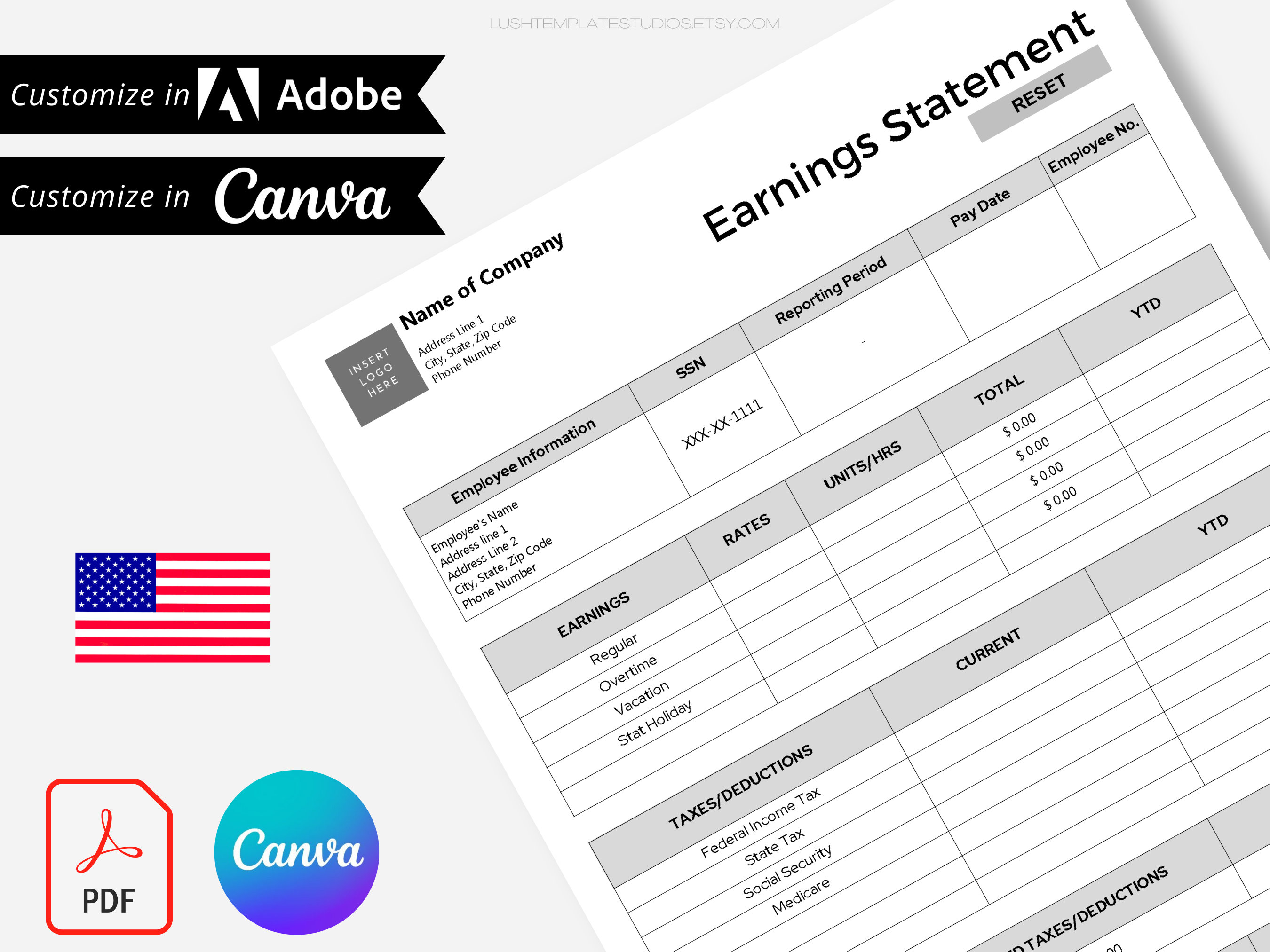 US Professional Earnings Statement | Small Business Payroll Cheque ...