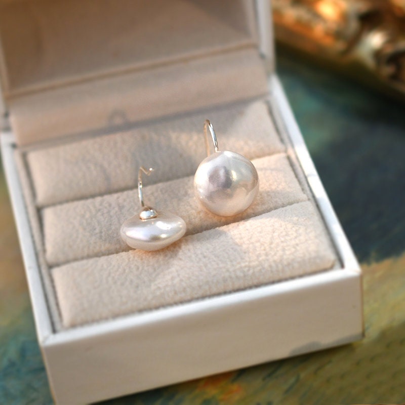 Ellie Handmade Flat Pearl Earrings, Natural Freshwater Pearl, Coin ...
