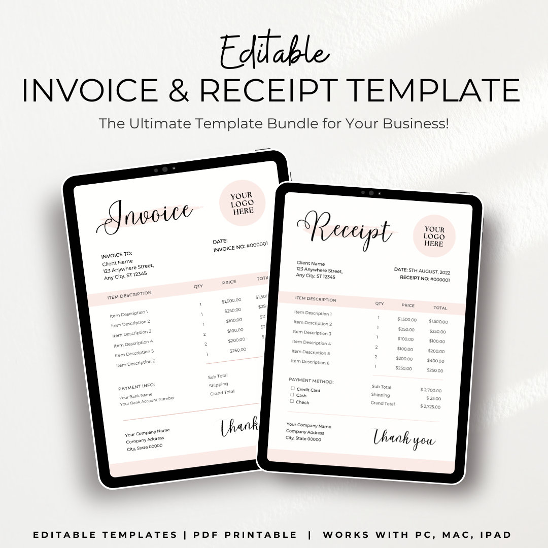 Editable Invoice & Receipt Canva Template Bundle Invoice Template ...