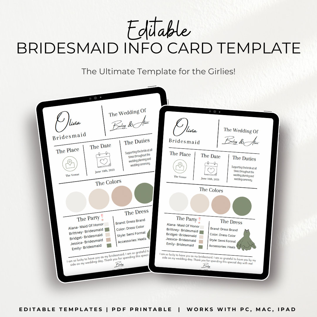 Bridesmaid Info Card Template | Wedding Card | Wedding Planner ...
