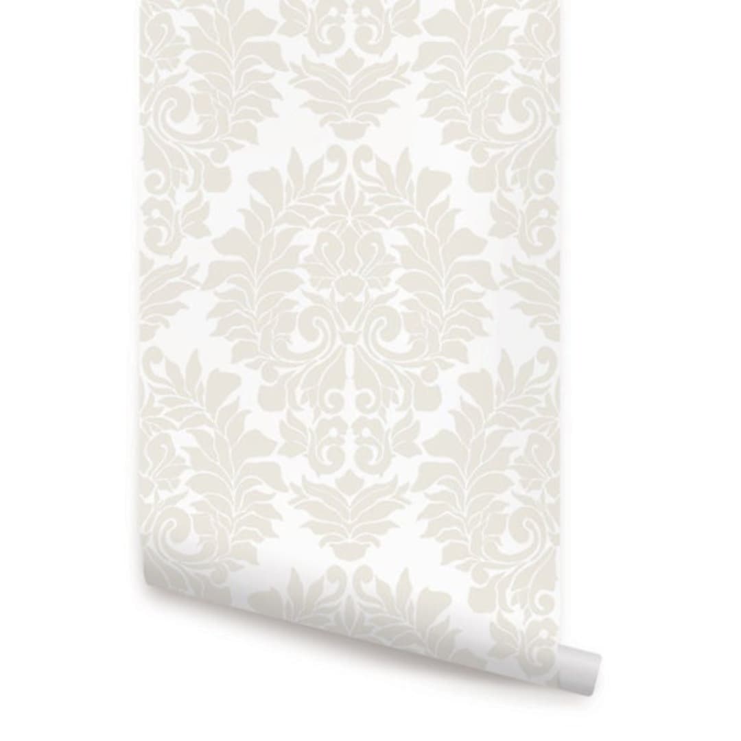 Beige on White Classic Damask Wallpaper - Peel and Stick or Traditional ...