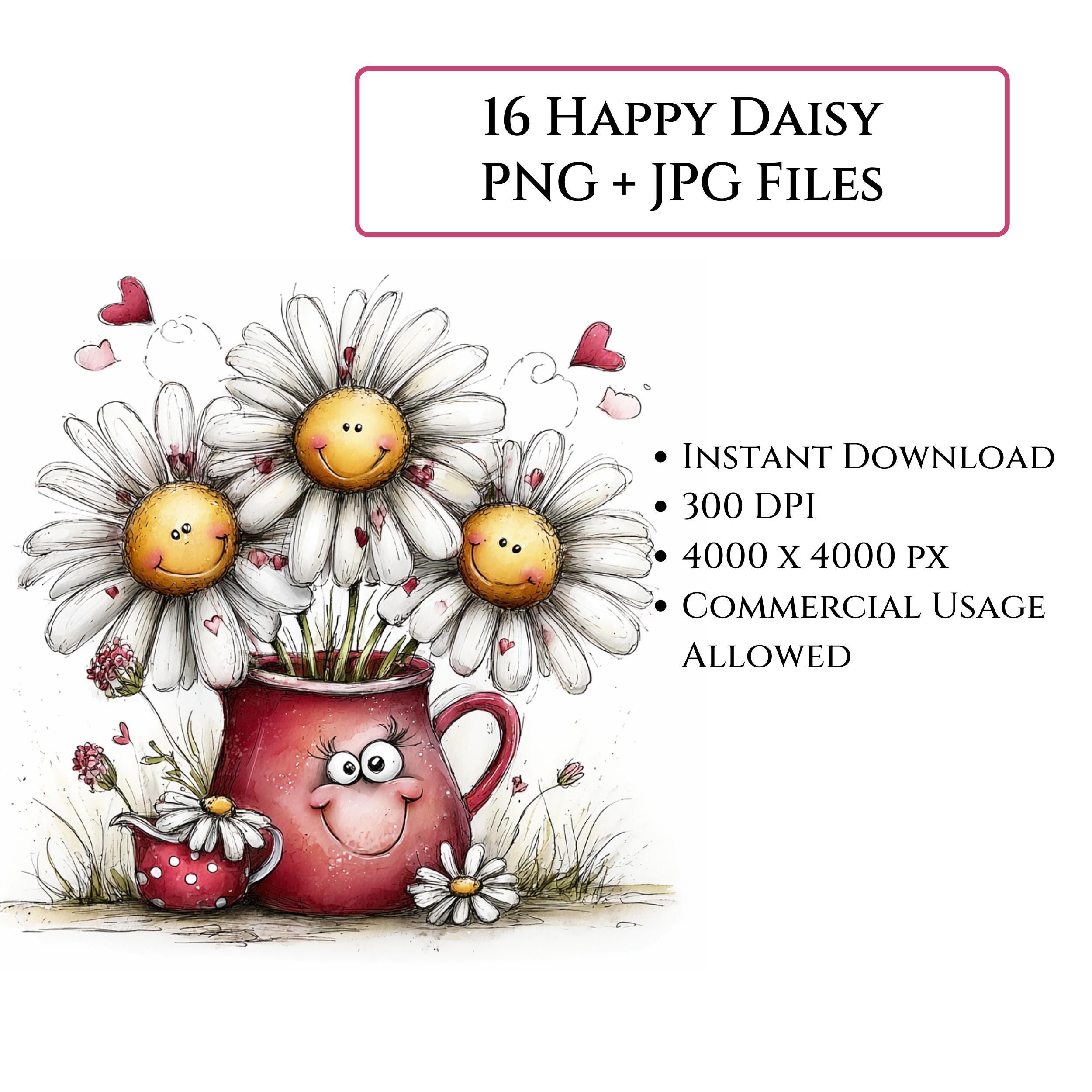 Happy Daisy Clipart Bundle – 16 Smiling Flower Pngs (transparent) + JPG ...
