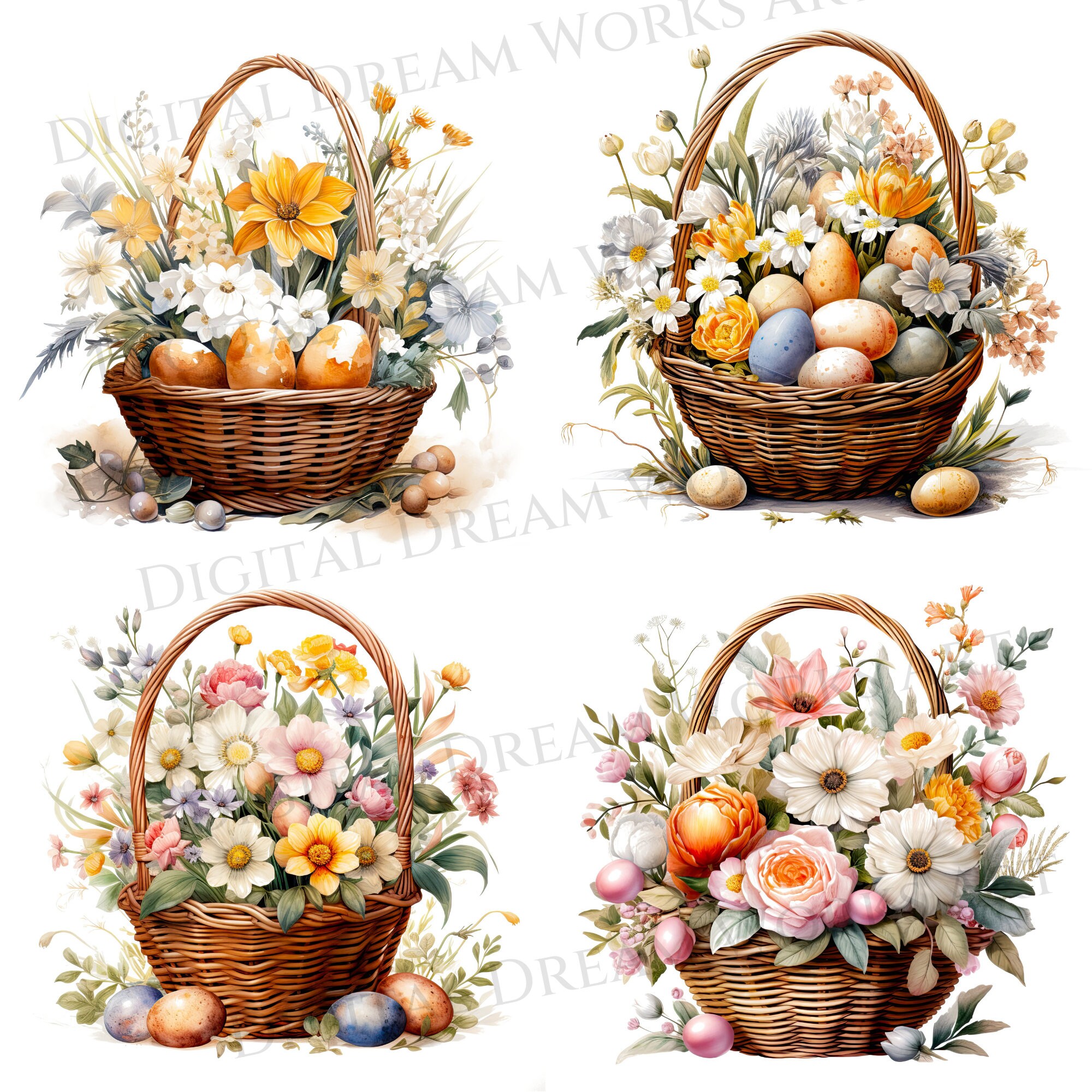 Floral Easter Basket Clipart Bundle, Watercolor Easter Basket Clipart ...