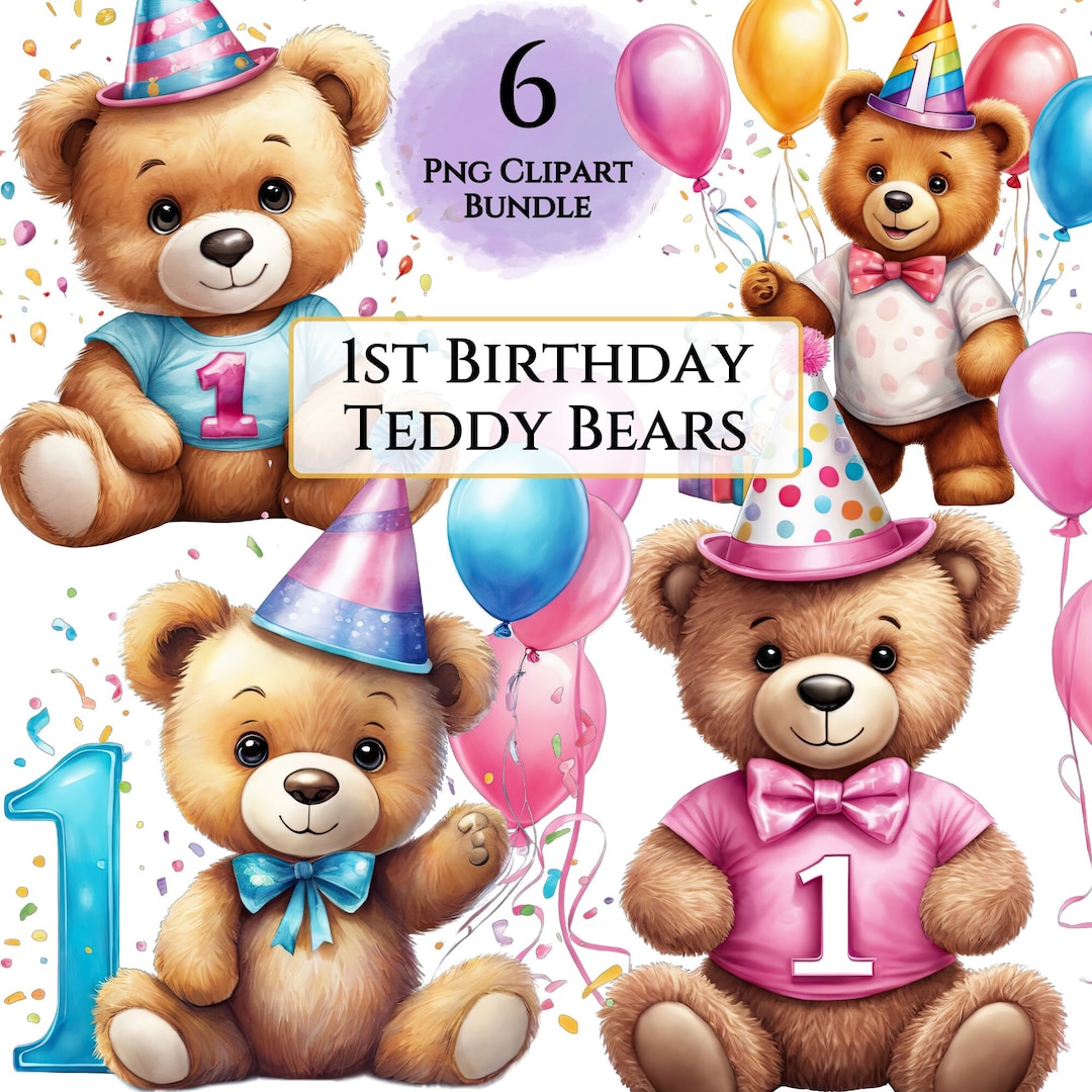 1st Birthday Teddy Bear Clipart, Sublimation First Birthday Watercolor ...