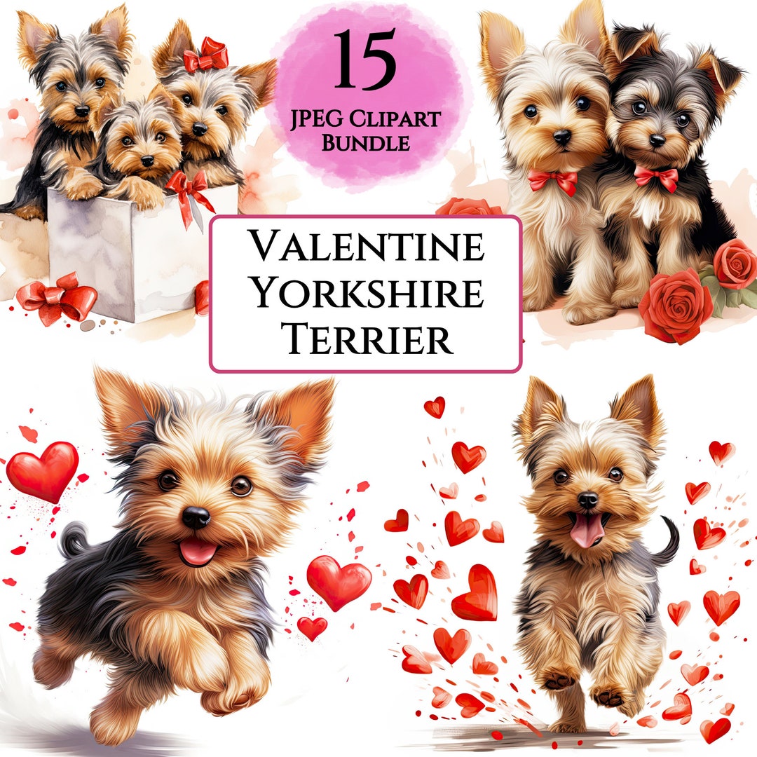 Valentine Yorkshire Terrier Clipart Bundle, Printable Valentines Day ...