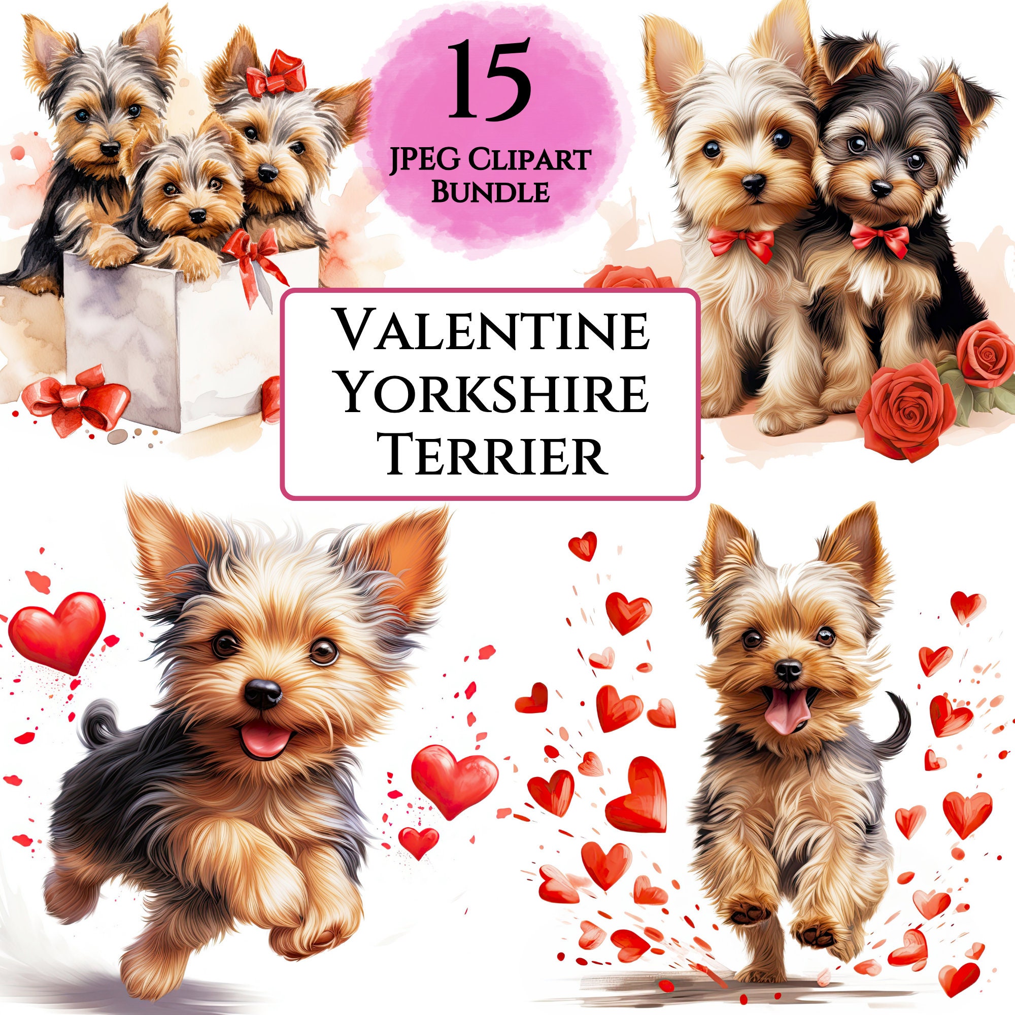 Valentine Yorkshire Terrier Clipart Bundle, Printable Valentines Day ...