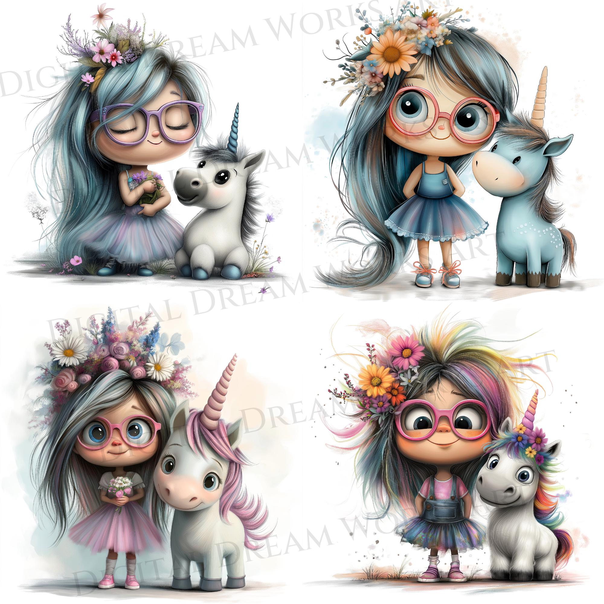 Whimsical Unicorn Girl Clipart, Quirky Unicorn Clipart Bundle, Pastel ...