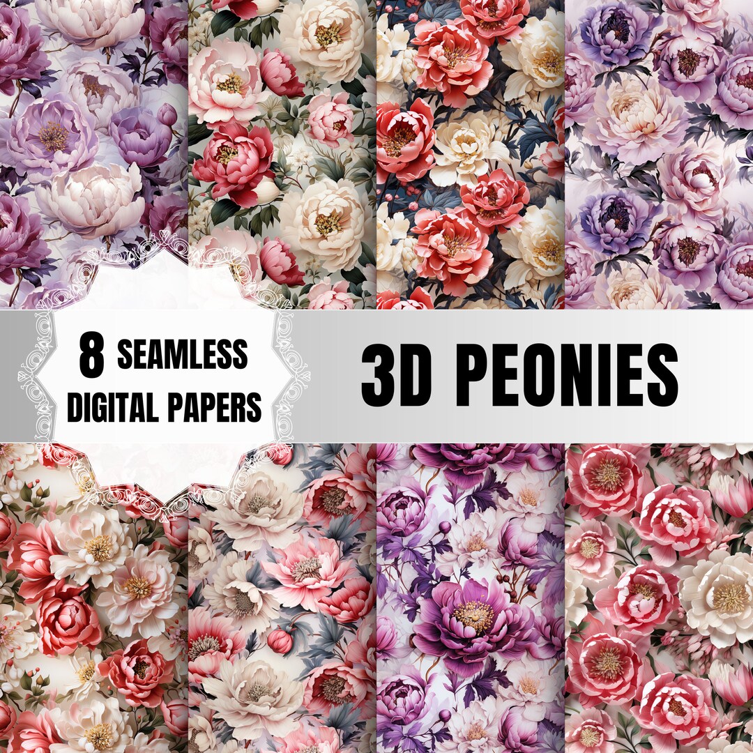 3D Watercolor Peony Digital Paper 8 Seamless Patterns for Junk Journals ...