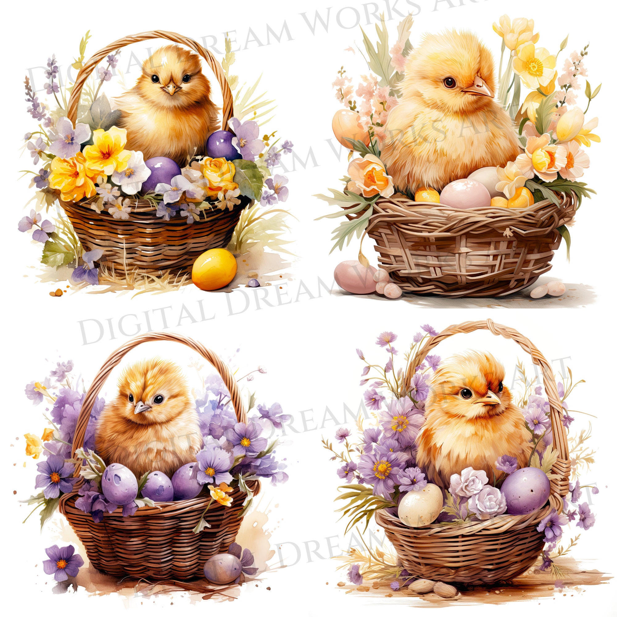 Watercolor Easter Chick Clipart Bundle, Printable Easter Basket Clipart ...
