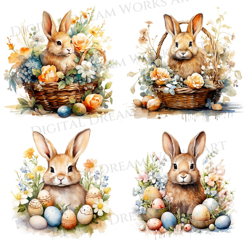 Vintage Watercolor Easter Bunny Clipart Bundle, Printable Easter Eggs ...