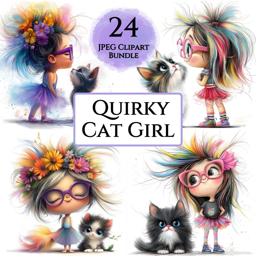 Quirky Cat Girl Digital Art, Magical Cat Lady Clipart Bundle, Crazy Cat ...