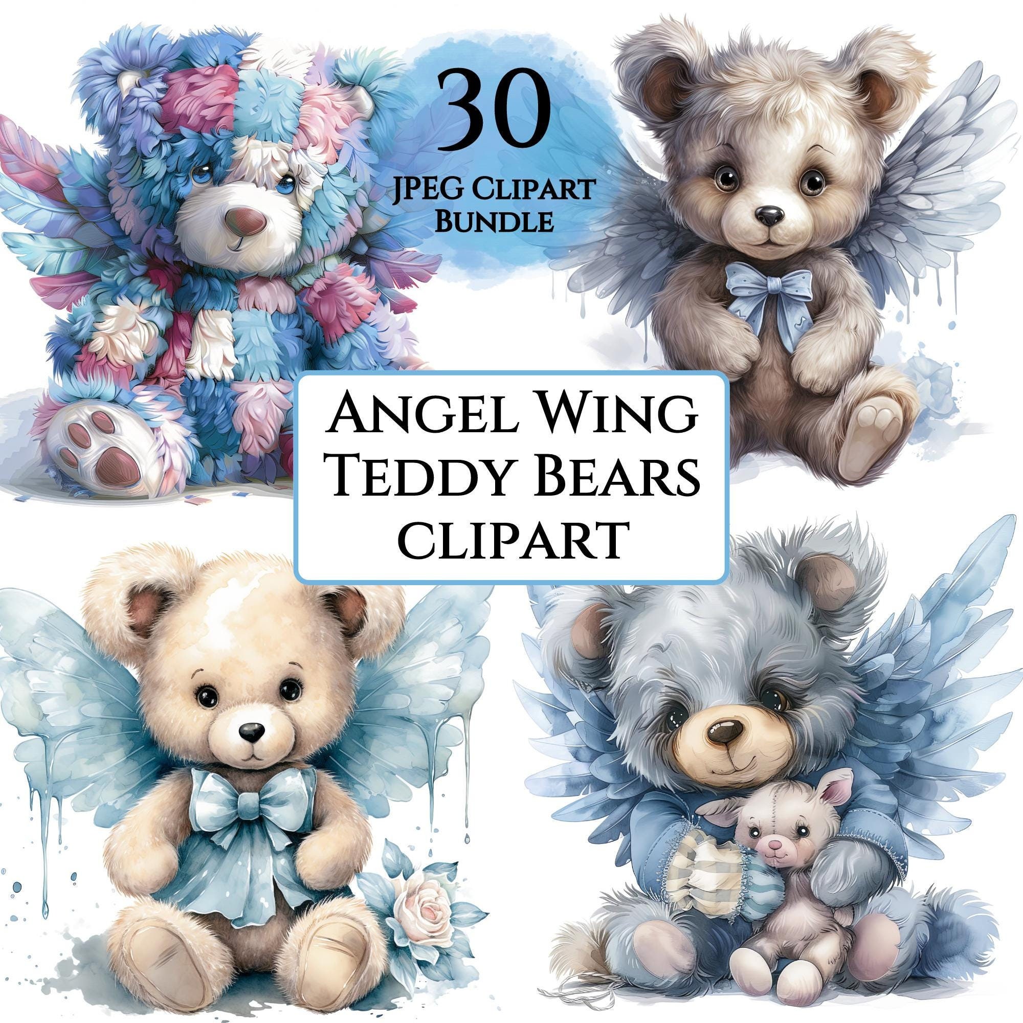 Angel Wing Teddy Bear Clipart Bundle, Printable Teddy Bear Clipart ...
