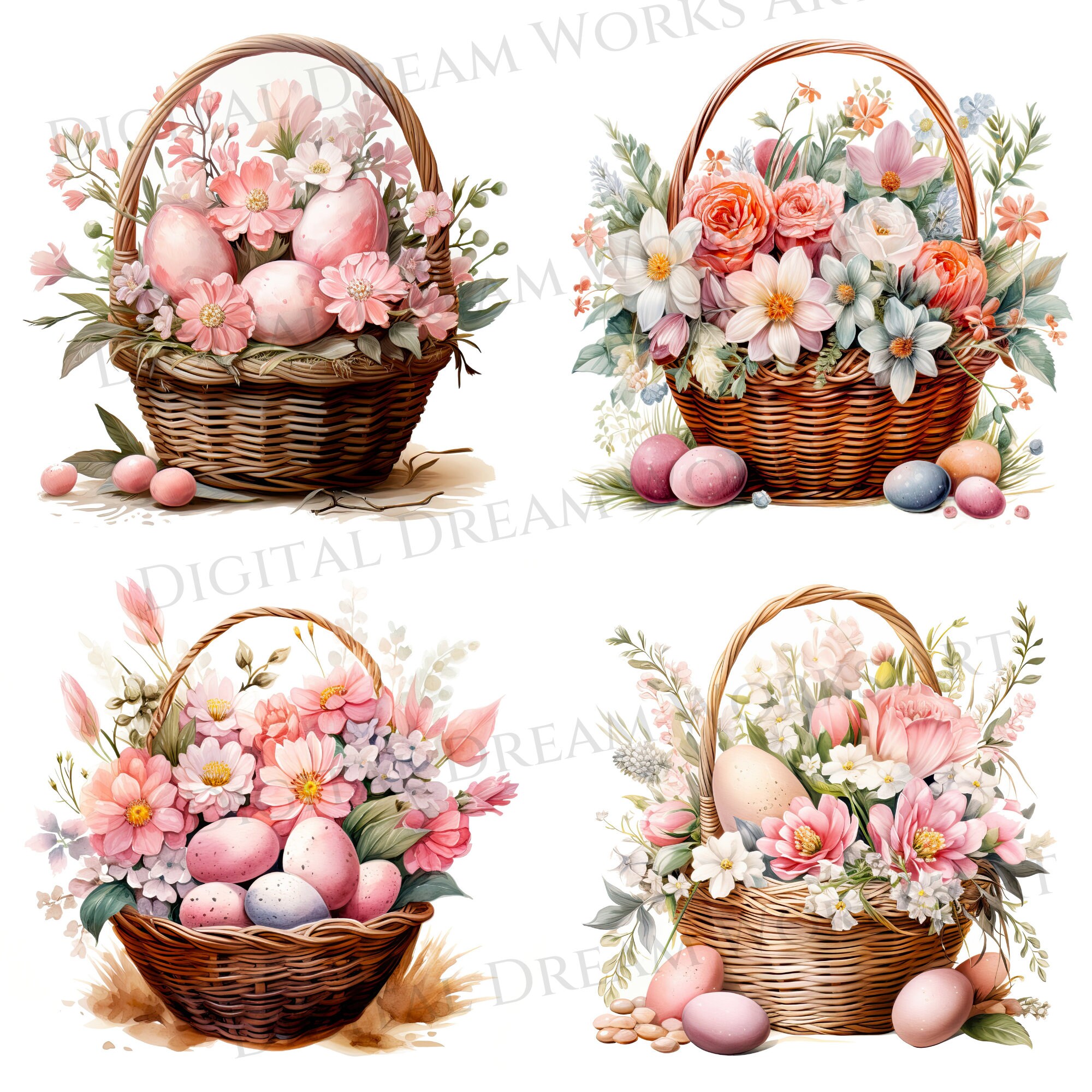 Floral Easter Basket Clipart Bundle, Watercolor Easter Basket Clipart ...