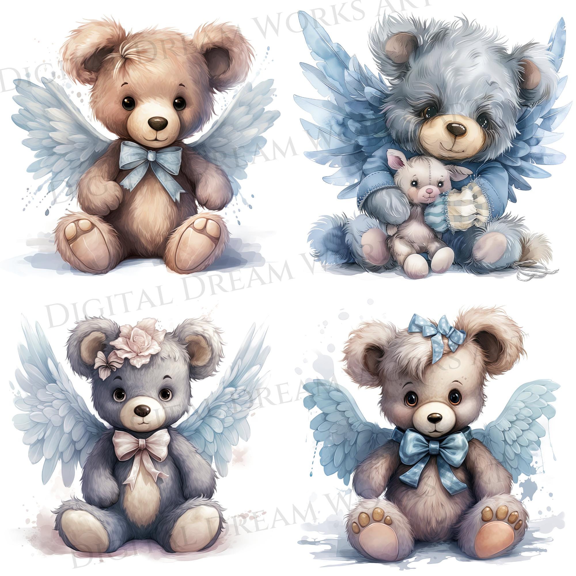 Angel Wing Teddy Bear Clipart Bundle, Printable Teddy Bear Clipart ...