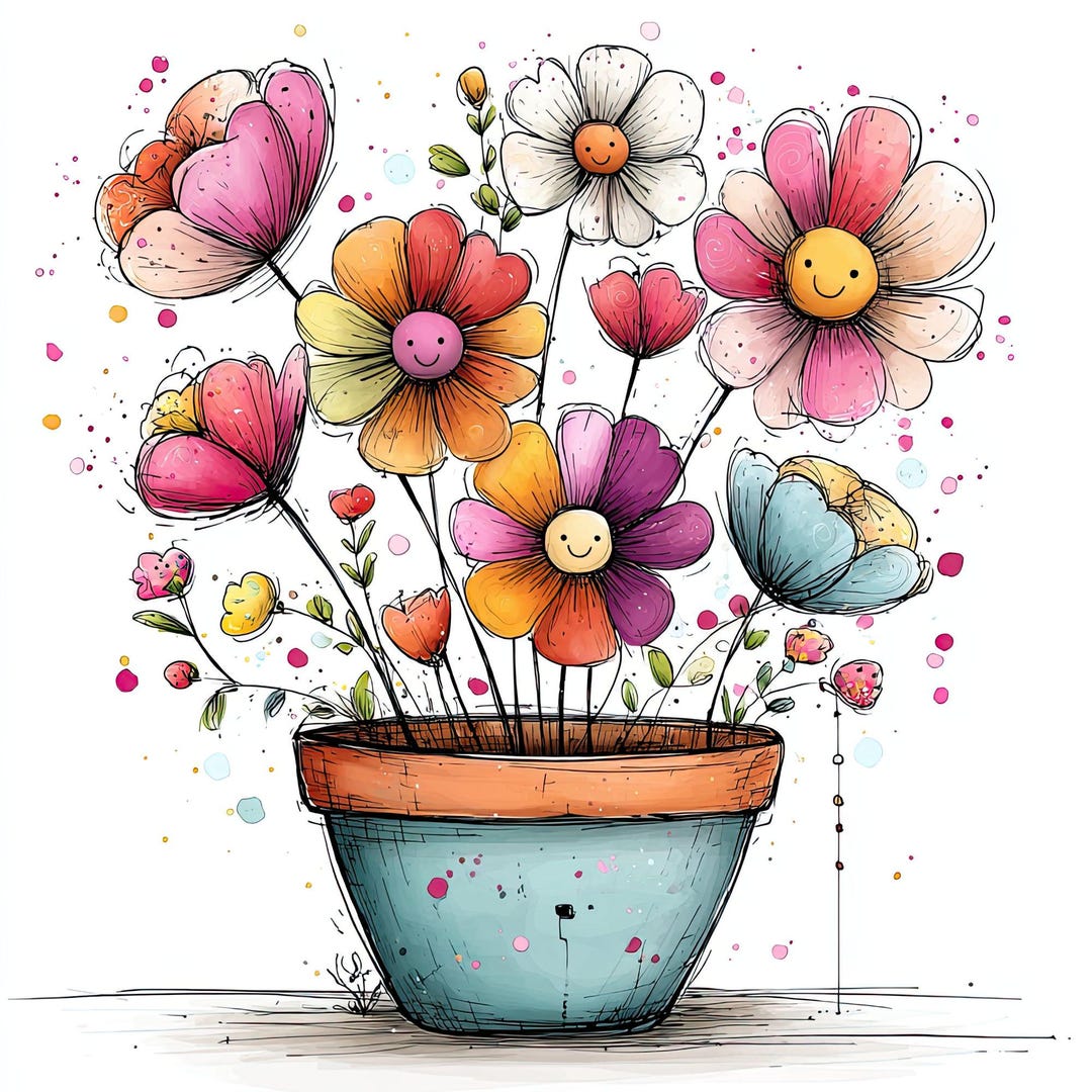 24 Spring Flower Pot Clipart, Watercolor Floral Pots JPG, Whimsical ...