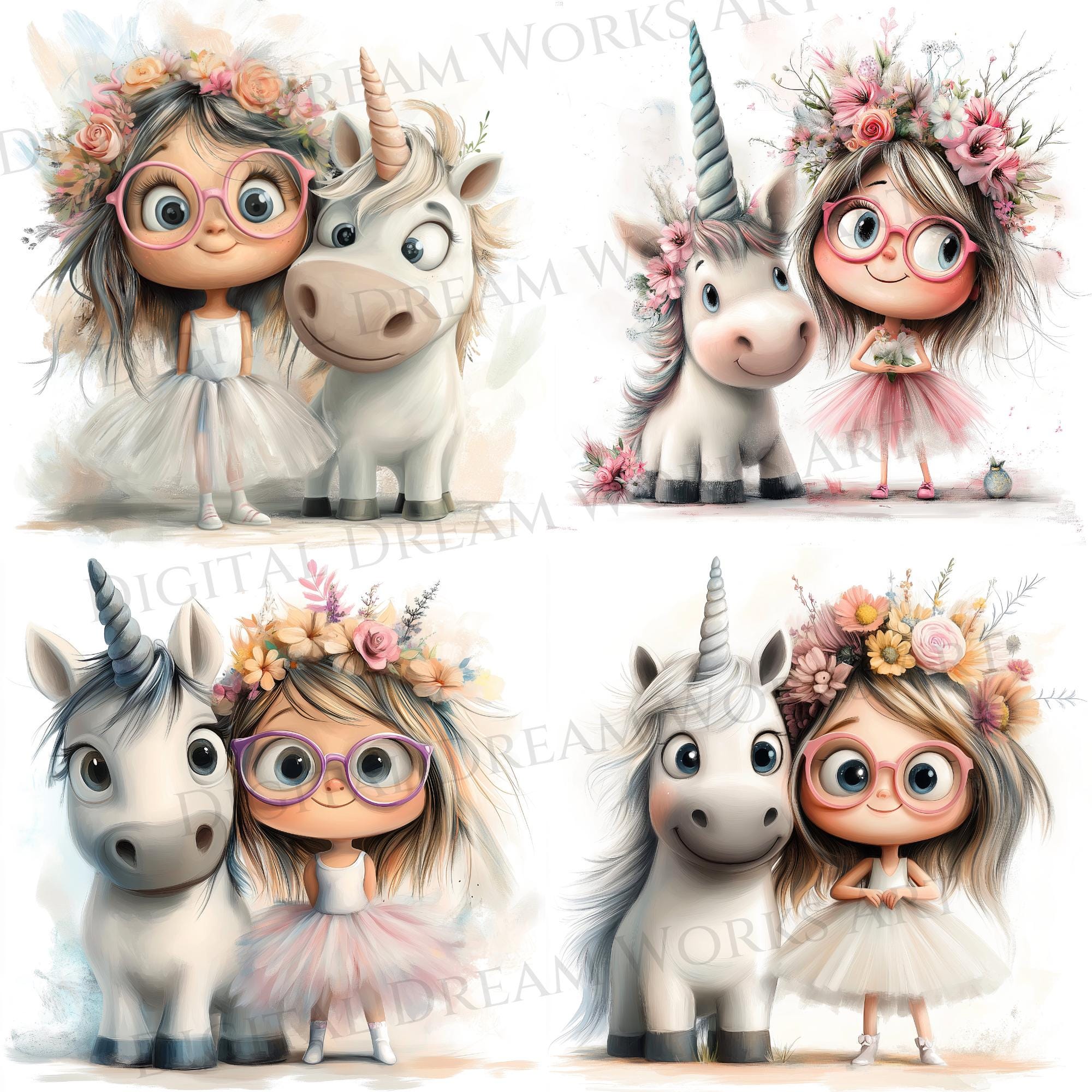 Whimsical Unicorn Girl Clipart, Quirky Unicorn Clipart Bundle, Pastel ...