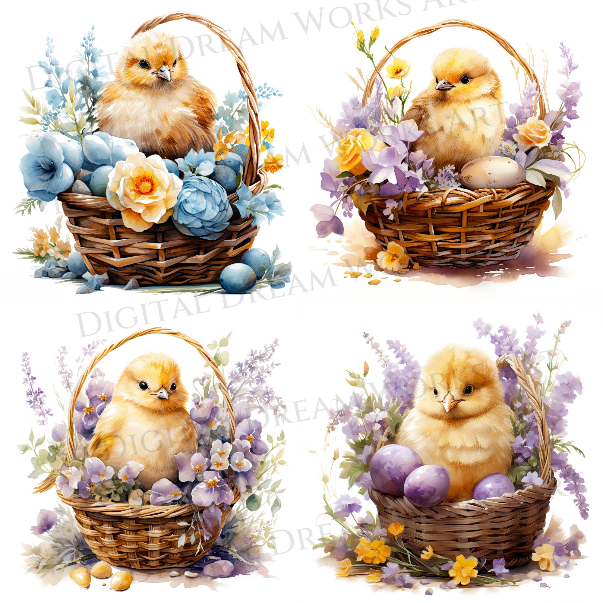 Watercolor Easter Chick Clipart Bundle, Printable Easter Basket Clipart ...