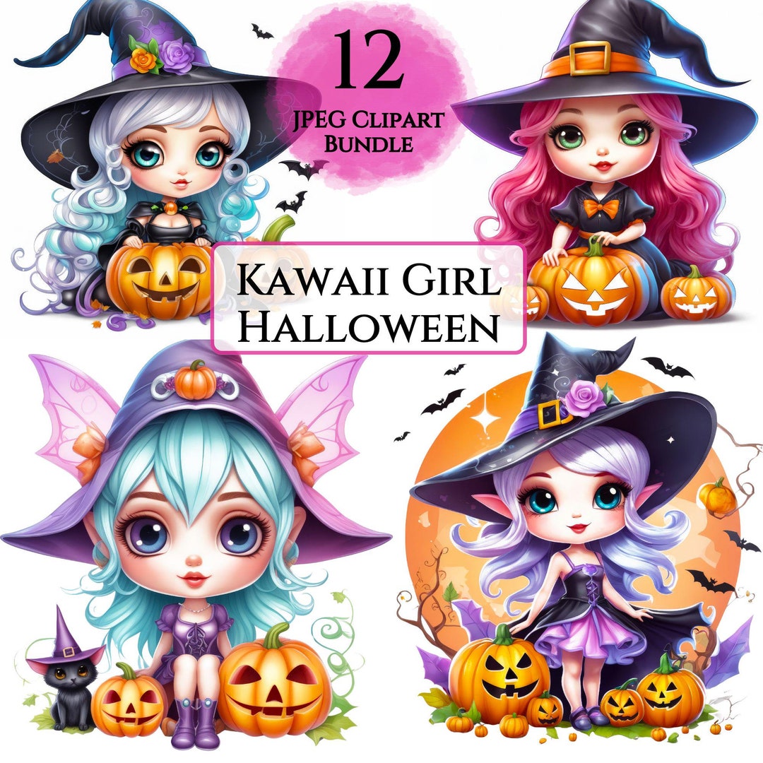 Pastel Kawaii Girl Halloween Clipart Bundle, Chibi Girl Clipart ...
