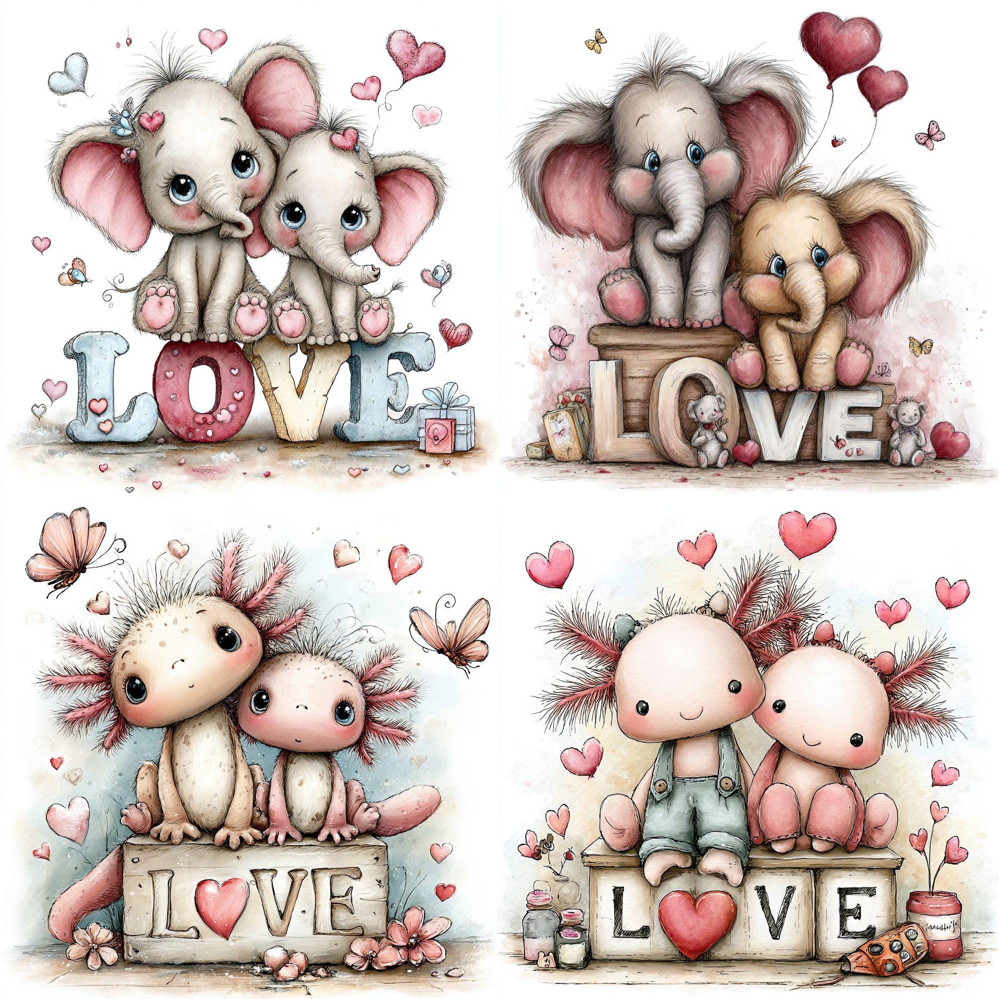 18 Cute Love Animals Clipart Bundle JPG, Kawaii Baby Animals on LOVE ...