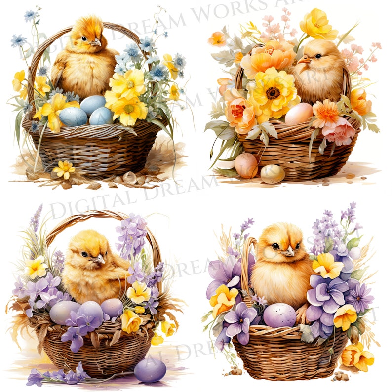 Watercolor Easter Chick Clipart Bundle, Printable Easter Basket Clipart ...