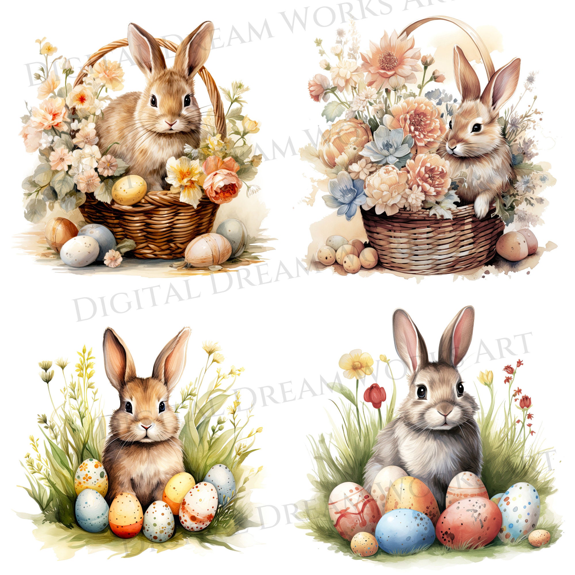 Vintage Watercolor Easter Bunny Clipart Bundle, Printable Easter Eggs ...