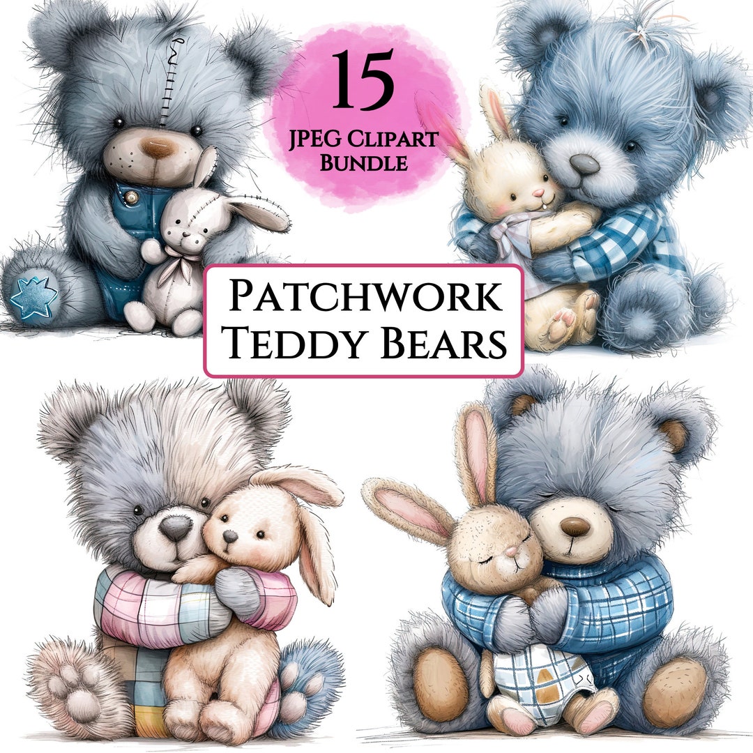 Patchwork Teddy Bear Clipart Bundle, Printable Teddy Bear Clipart ...