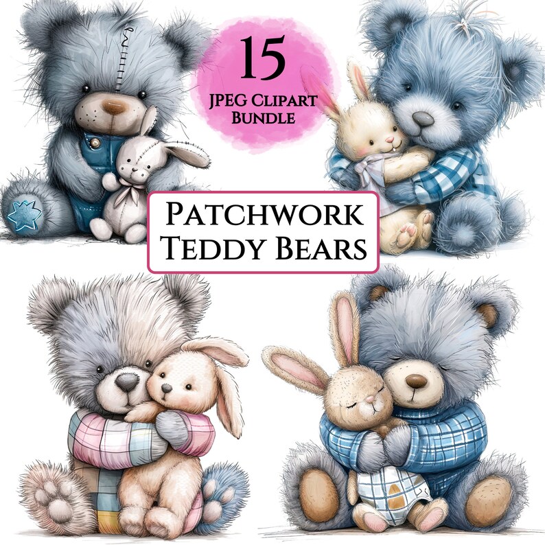 Patchwork Teddy Bear Clipart Bundle, Printable Teddy Bear Clipart ...