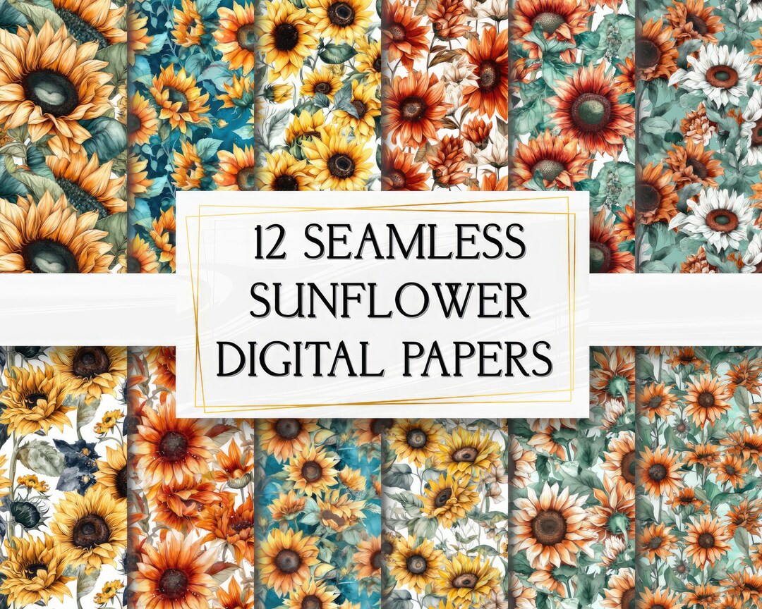 Rustic Watercolor Sunflower Digital Ephemera Set, Seamless Vintage ...