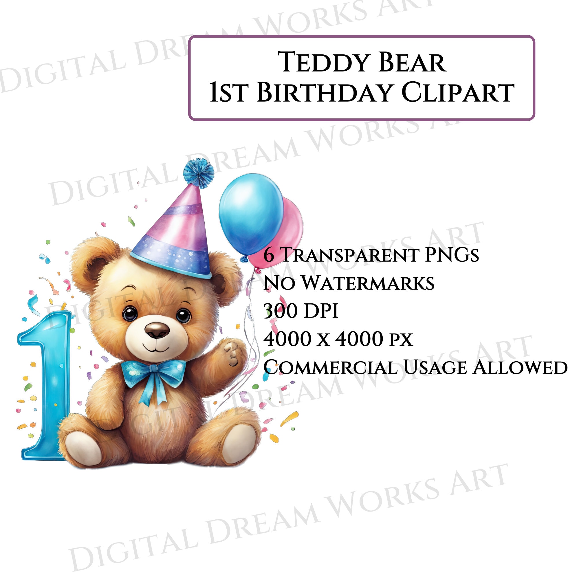 1st Birthday Teddy Bear Clipart, Sublimation First Birthday Watercolor ...