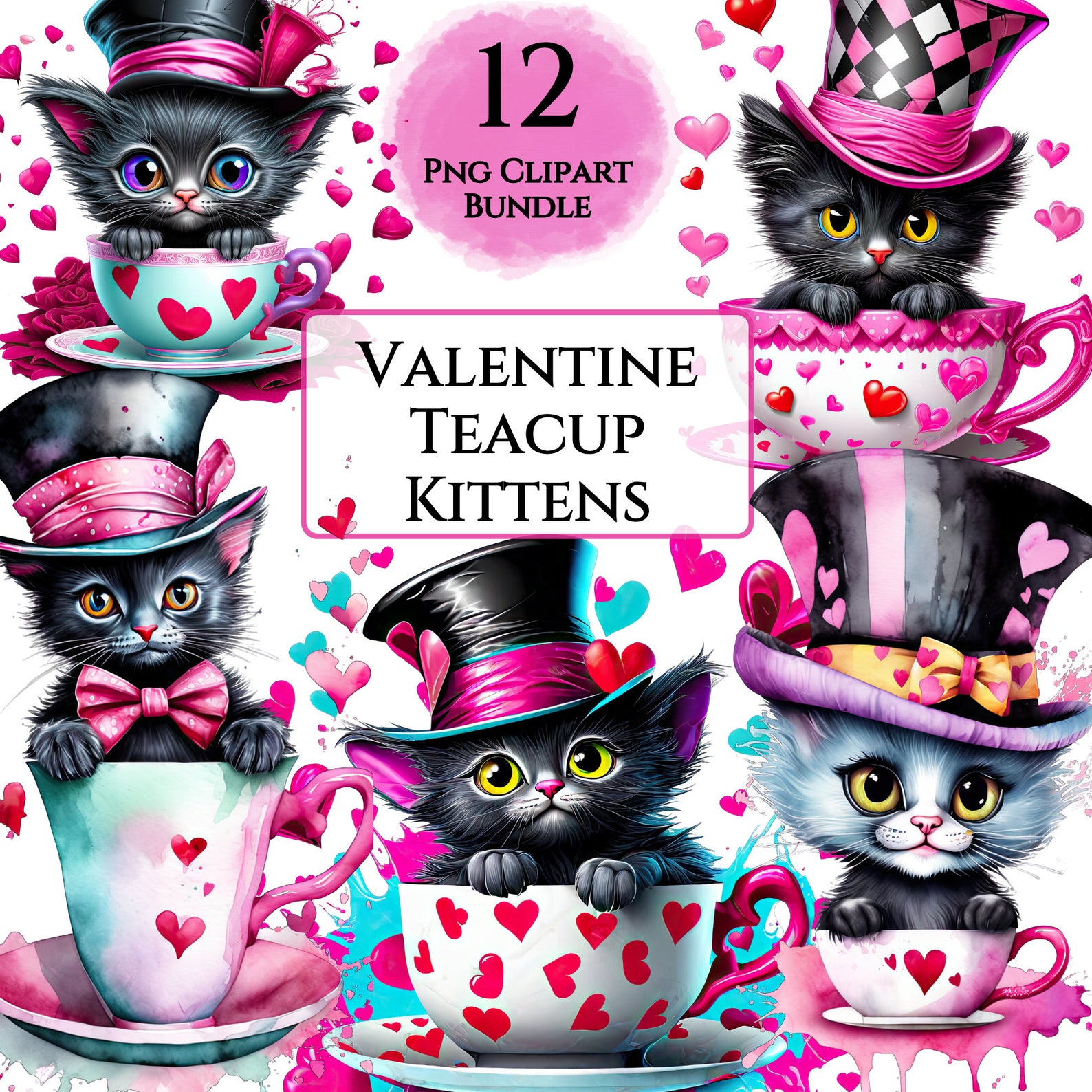 Valentine Teacup Kitten Clipart Bundle, Sublimation Valentines Day ...