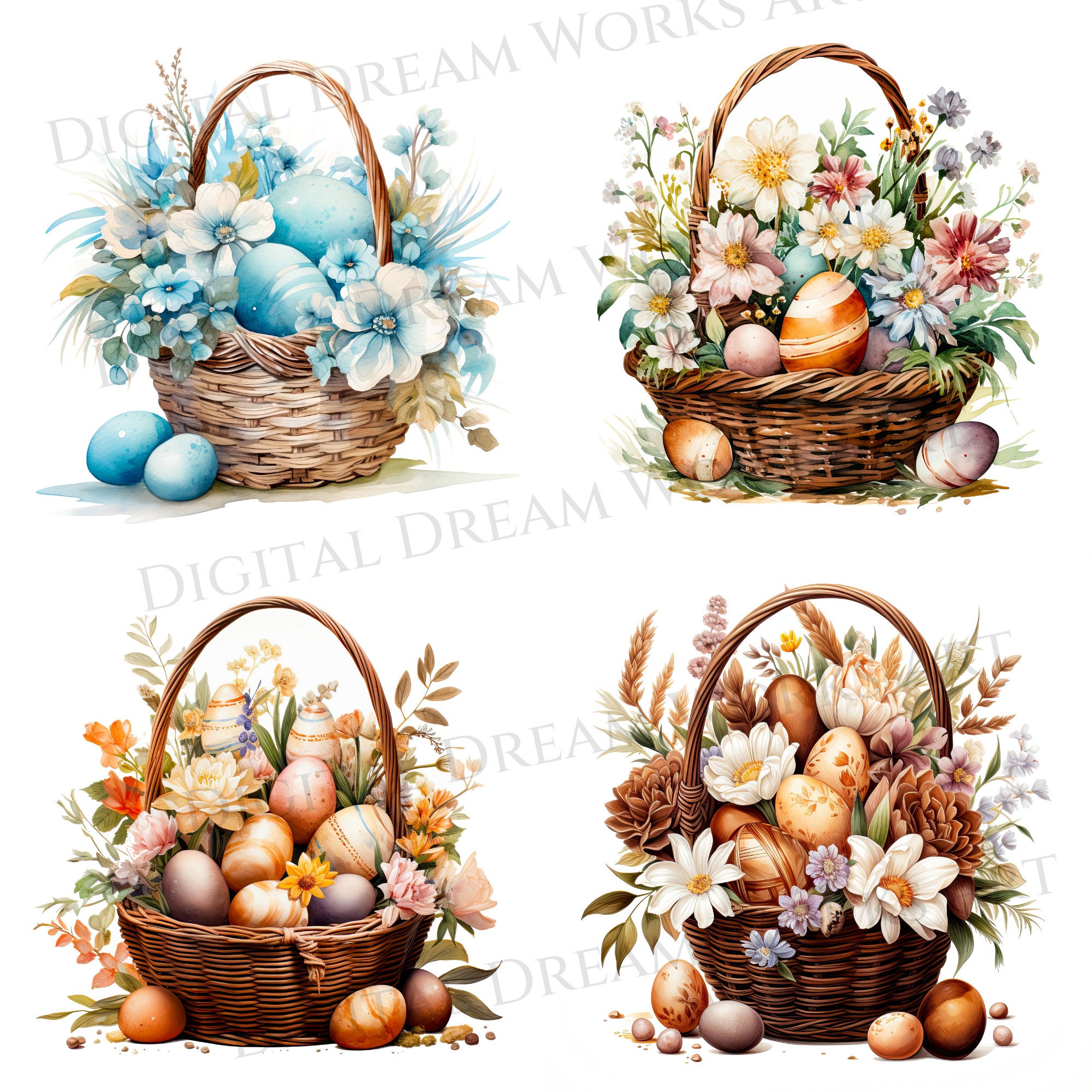 Floral Easter Basket Clipart Bundle, Watercolor Easter Basket Clipart ...