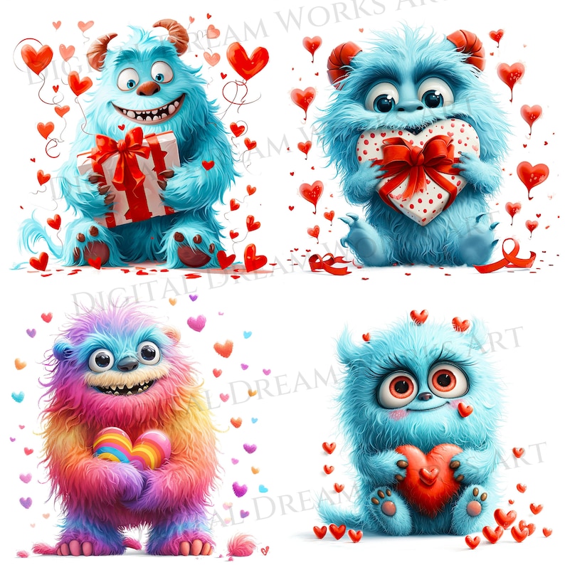 Valentine Monsters Clipart Bundle, Printable Valentines Day Kawaii ...