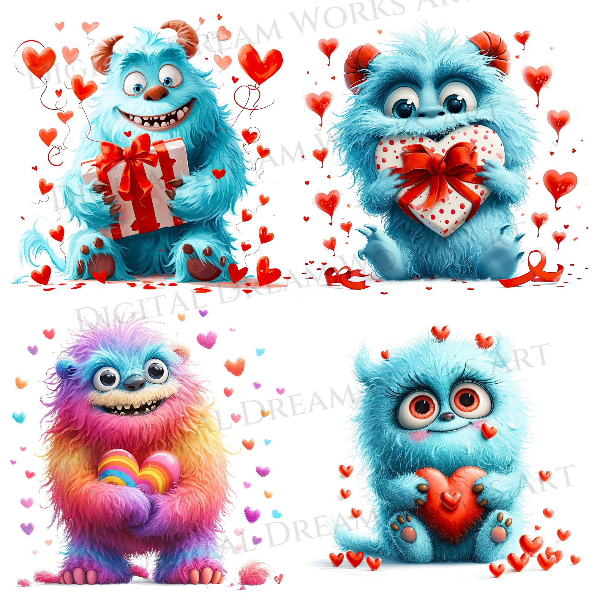 Valentine Monsters Clipart Bundle, Printable Valentines Day Kawaii ...